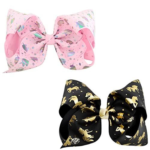 2Pcs Jojo Siwa Style Bows, 8 Inches Large Bows Gift for Girls,Jumbo Jojo Bows Hair Accessories (Black & Pink)