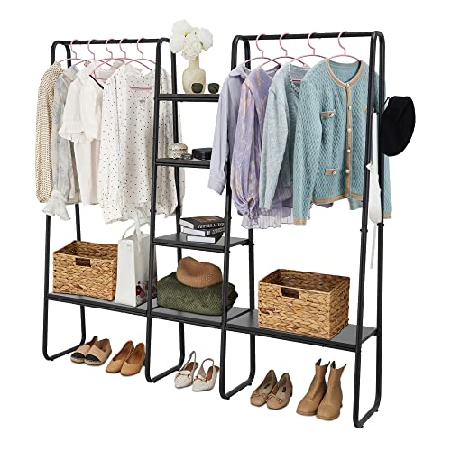 HABUTWAY Clothing Garment Rack with 6 Wooden Storage Shelves Dress Racks for Hanging Garment Max Load 650LBS Capacity Metal Frame (BLACK)