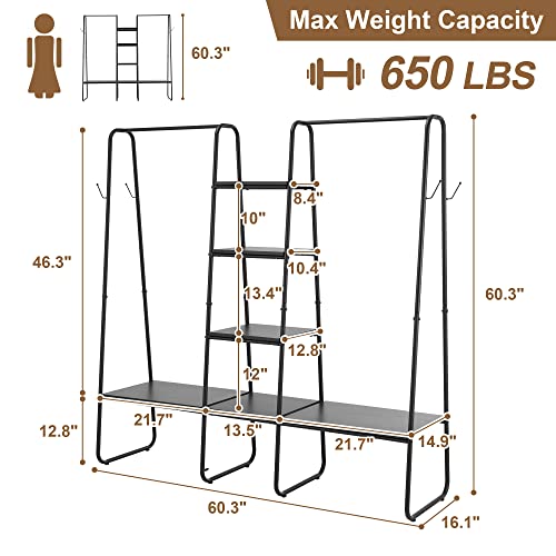 HABUTWAY Clothing Garment Rack with 6 Wooden Storage Shelves Dress Racks for Hanging Garment Max Load 650LBS Capacity Metal Frame (BLACK)