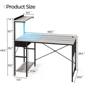 LINSY HOME Computer Desk 47”, Home Office Desk with Storage Shelves Pegboards, PC Gaming Desk with LED Lights and Outlets, Reversible Small Writing Study Desk, Grey