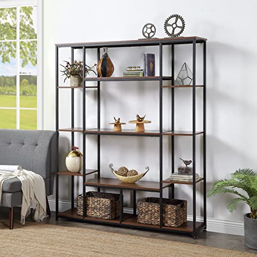 5 Tier Bookshelf, Industrial Tall Bookcase, Rustic Freestanding Storage Shelf for Living Room, Bedroom and Home Office, Metal Frame, Display Décor Furniture