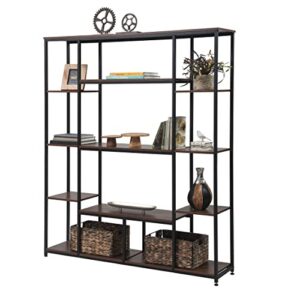 5 Tier Bookshelf, Industrial Tall Bookcase, Rustic Freestanding Storage Shelf for Living Room, Bedroom and Home Office, Metal Frame, Display Décor Furniture