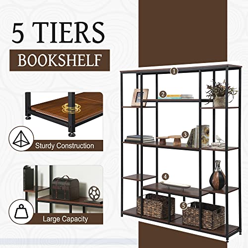 5 Tier Bookshelf, Industrial Tall Bookcase, Rustic Freestanding Storage Shelf for Living Room, Bedroom and Home Office, Metal Frame, Display Décor Furniture