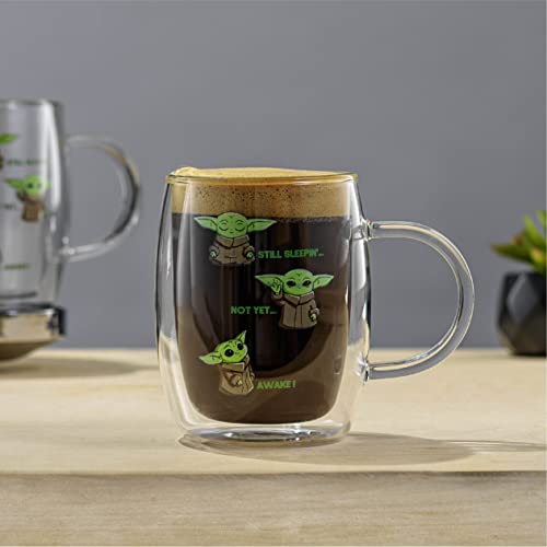 JoyJolt Awake! Grogu Coffee Mug Set of 2 Double Wall Mug. 13.5oz Large Espresso Cups, Cappuccino or Latte Cup. Mandalorian Star Wars Mugs, Insulated Coffee Mug, Clear Glass Cups Coffee Cup Set