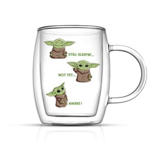 JoyJolt Awake! Grogu Coffee Mug Set of 2 Double Wall Mug. 13.5oz Large Espresso Cups, Cappuccino or Latte Cup. Mandalorian Star Wars Mugs, Insulated Coffee Mug, Clear Glass Cups Coffee Cup Set