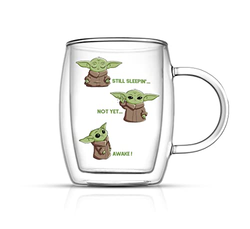 JoyJolt Awake! Grogu Coffee Mug Set of 2 Double Wall Mug. 13.5oz Large Espresso Cups, Cappuccino or Latte Cup. Mandalorian Star Wars Mugs, Insulated Coffee Mug, Clear Glass Cups Coffee Cup Set