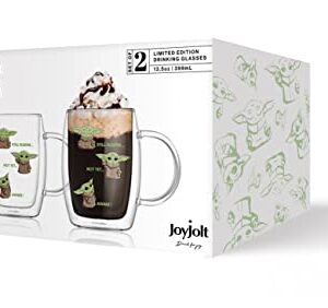 JoyJolt Awake! Grogu Coffee Mug Set of 2 Double Wall Mug. 13.5oz Large Espresso Cups, Cappuccino or Latte Cup. Mandalorian Star Wars Mugs, Insulated Coffee Mug, Clear Glass Cups Coffee Cup Set