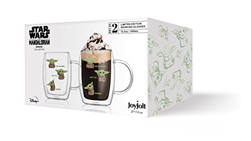 JoyJolt Awake! Grogu Coffee Mug Set of 2 Double Wall Mug. 13.5oz Large Espresso Cups, Cappuccino or Latte Cup. Mandalorian Star Wars Mugs, Insulated Coffee Mug, Clear Glass Cups Coffee Cup Set