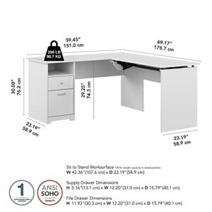 Bush Furniture L Shaped Desk with Drawers and Lift-n-Lock | Cabot Collection Sit to Stand Corner Table with Storage, 60W, White