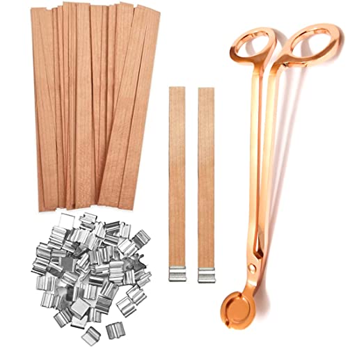 100Pcs Wood Wicks for Candles, Wood Candle Wicks Natural Wooden Candle Wicks with Candle Wick Trimmer Smokeless Crackling Wooden Candle Wicks for Candle Making DIY Craft Thickened 5.1 x 0.5x0.04inch