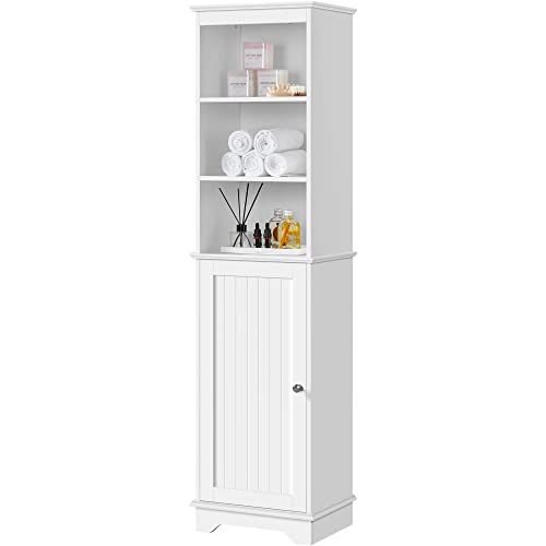 Yaheetech Bathroom Cabinet, Storage Cabinet with 3 Open Shelves & Single Door, Floor Freestanding Tall Linen Cabinet, Narrow Corner Organizer for Bathroom, Living Room, White