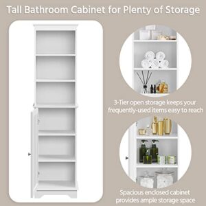 Yaheetech Bathroom Cabinet, Storage Cabinet with 3 Open Shelves & Single Door, Floor Freestanding Tall Linen Cabinet, Narrow Corner Organizer for Bathroom, Living Room, White