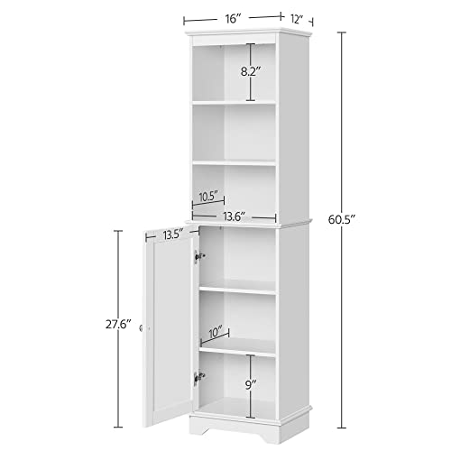 Yaheetech Bathroom Cabinet, Storage Cabinet with 3 Open Shelves & Single Door, Floor Freestanding Tall Linen Cabinet, Narrow Corner Organizer for Bathroom, Living Room, White