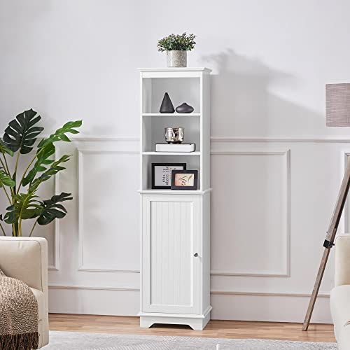 Yaheetech Bathroom Cabinet, Storage Cabinet with 3 Open Shelves & Single Door, Floor Freestanding Tall Linen Cabinet, Narrow Corner Organizer for Bathroom, Living Room, White