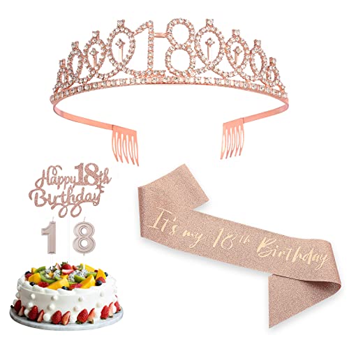 AIEX 4pcs Rose Gold Birthday Decorations Kit, Including Birthday Crown and Sash Cake Topper Cake Number Candles Birthday Girl Decorations(18th Birthday)