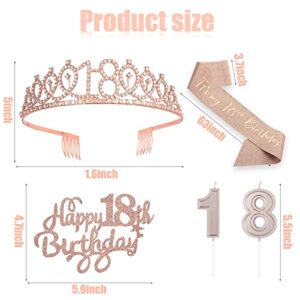 AIEX 4pcs Rose Gold Birthday Decorations Kit, Including Birthday Crown and Sash Cake Topper Cake Number Candles Birthday Girl Decorations(18th Birthday)