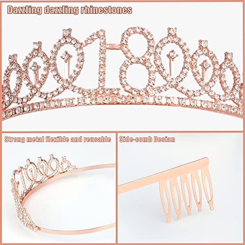 AIEX 4pcs Rose Gold Birthday Decorations Kit, Including Birthday Crown and Sash Cake Topper Cake Number Candles Birthday Girl Decorations(18th Birthday)