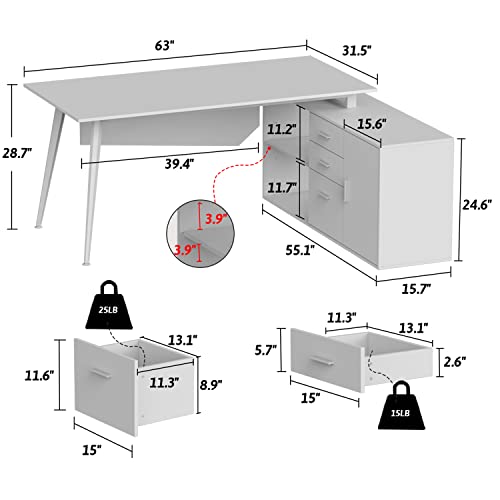 Homsee Home Office Computer Desk L-Shaped Corner Desk with 3 Drawers, 2-Tier Open Shelves & 1 Door, 63 Inch Large Wooden Study Writing Table with Storage Cabinet & Metal Legs, White