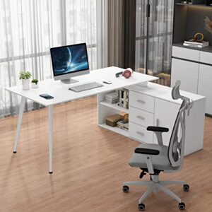 Homsee Home Office Computer Desk L-Shaped Corner Desk with 3 Drawers, 2-Tier Open Shelves & 1 Door, 63 Inch Large Wooden Study Writing Table with Storage Cabinet & Metal Legs, White