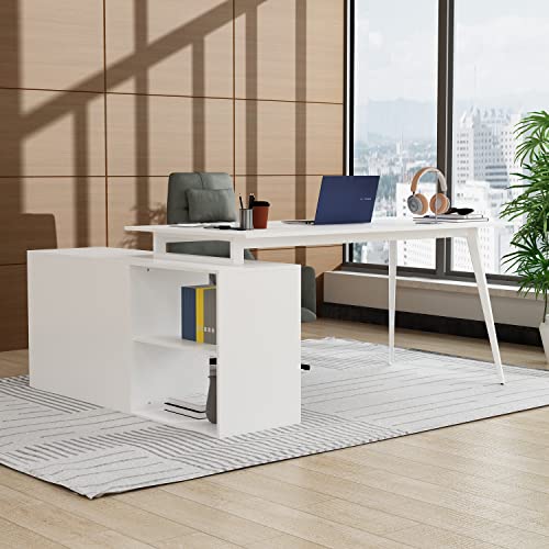 Homsee Home Office Computer Desk L-Shaped Corner Desk with 3 Drawers, 2-Tier Open Shelves & 1 Door, 63 Inch Large Wooden Study Writing Table with Storage Cabinet & Metal Legs, White