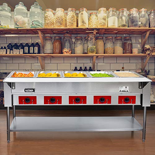 KITMA 5 Open Well Electric Steam Tables - 240 V Warmer Food Table, 36 Quart Electric Hot Food Warm Table for Buffets and Catering, Warming Control Knobs，Front Serving Area