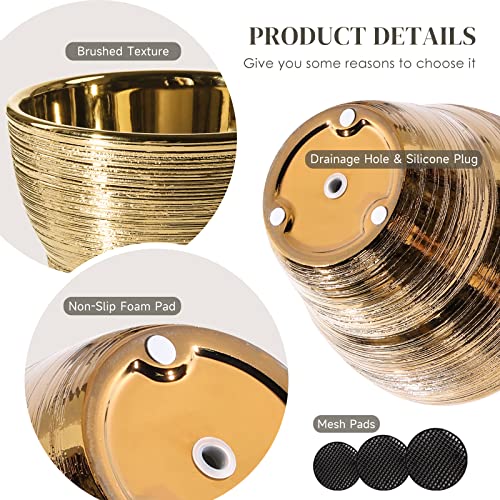 JOFAMY 3 Pack Gold Planters Houseplant Pots 7.1/6/5 Inch Brushed Gold Finish Plant Flower Pots Brass Planter with Drainage, Silicone Plugs & Mesh Pads Ideal for Home Decor, Birthday, Wedding