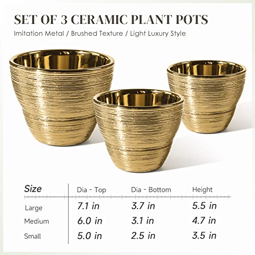 JOFAMY 3 Pack Gold Planters Houseplant Pots 7.1/6/5 Inch Brushed Gold Finish Plant Flower Pots Brass Planter with Drainage, Silicone Plugs & Mesh Pads Ideal for Home Decor, Birthday, Wedding