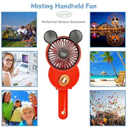 LACOVIA Cute Mickey Misting Mini Fan, Handheld Portable USB Rechargeable Fan with 3 Adjustable Speeds, Foldable Personal Fan For Travelling(Red&Pink)