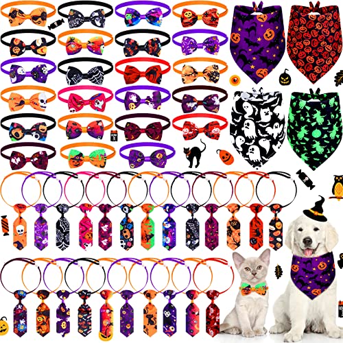 50 Pcs Halloween Dog Bow Tie Collar Set Includes 4 Dog Bandanas, 23 Pet Neckties, 23 Pet Costume Bow Ties, Adjustable Pumpkin Ghost Pattern Bow Tie for Dogs Cats