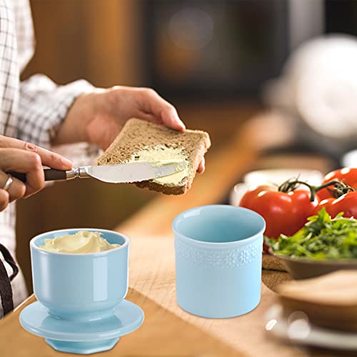 Lawei 2 Pack Ceramic Butter Crock, French Butter Dish with Water Line, Original Butter Keeper Butter Container for Countertop, Perfect Spreadable Consistency, Holds 1 Stick, Aqua Blue