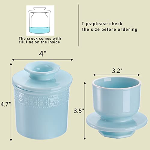 Lawei 2 Pack Ceramic Butter Crock, French Butter Dish with Water Line, Original Butter Keeper Butter Container for Countertop, Perfect Spreadable Consistency, Holds 1 Stick, Aqua Blue