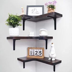 corner floating shelves set of 3 | corner wall shelves | wall mounted corner storage display shelving for bathroom, bedroom, living room, kitchen | 16" w x 11-2/5" d | l-shaped, rustic brown