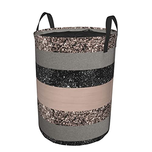 Blush Glitter Glam Stripes Foldable Laundry Hamper Freestanding Laundry Basket With Lid, Collapsible Large Drawstring Clothes Hamper Storage