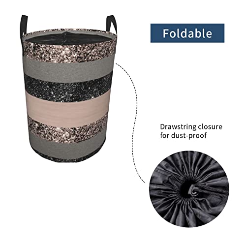 Blush Glitter Glam Stripes Foldable Laundry Hamper Freestanding Laundry Basket With Lid, Collapsible Large Drawstring Clothes Hamper Storage