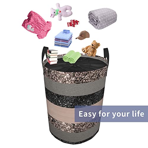 Blush Glitter Glam Stripes Foldable Laundry Hamper Freestanding Laundry Basket With Lid, Collapsible Large Drawstring Clothes Hamper Storage