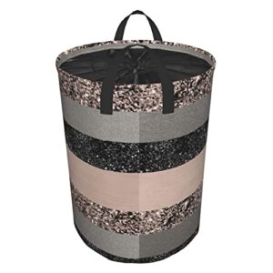 Blush Glitter Glam Stripes Foldable Laundry Hamper Freestanding Laundry Basket With Lid, Collapsible Large Drawstring Clothes Hamper Storage