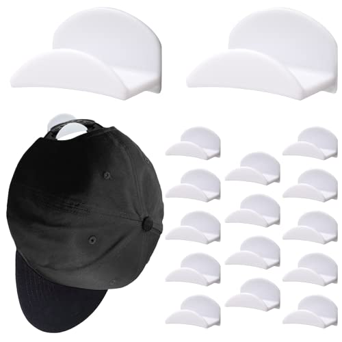 16 Pcs Hat Hooks for Wall, Adhesive Hat Hangers, Hat Racks for Baseball Caps, No Drilling Wall Hat Hook,Wall Mount Hat Organizer for Closet Door Wall Hat Hanging Storage (White)