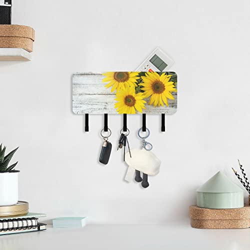 susiyo Yellow Sunflowers Wooden Wall Mounted Key Holder 5 Key Hooks and Mail Organizer for Entryway Wall Decor