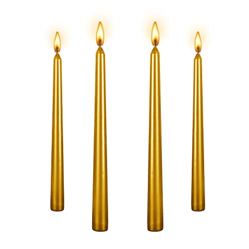 Tall Metallic Spiral Taper Candles 4pcs 10 Inch/25cm, Tall Unscented Dripless Candles with Cotton Wicks Perfect for Dinner, Party, Wedding Decor,7Hour Burn Time-3/4 Base (25cm/4pcs, Gold)