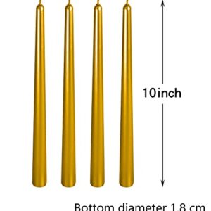 Tall Metallic Spiral Taper Candles 4pcs 10 Inch/25cm, Tall Unscented Dripless Candles with Cotton Wicks Perfect for Dinner, Party, Wedding Decor,7Hour Burn Time-3/4 Base (25cm/4pcs, Gold)