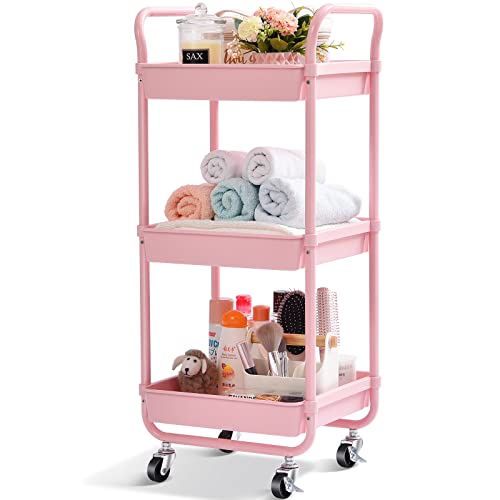 TOOLF 3-Tier Storage Rolling Cart, Kitchen Utility Cart with Wheels, Plastic Organizer Cart Rolling Trolley Shelving Unit, Storage Rack, Fruit Vegetable Rack