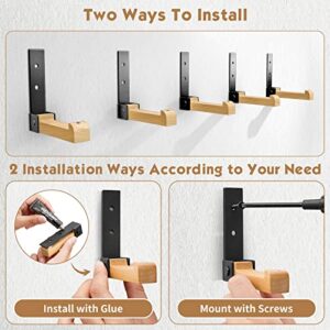 Folding Coat Hooks 5 Pcs Wooden Wall Hooks for Hanging Coat Heavy Duty Aluminum Alloy Adhesive Foldable Headphone Holder Coat Hooks Wall Mounted with Screws for Hat, Towel, Bag (Black)