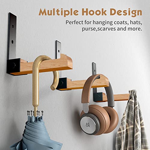 Folding Coat Hooks 5 Pcs Wooden Wall Hooks for Hanging Coat Heavy Duty Aluminum Alloy Adhesive Foldable Headphone Holder Coat Hooks Wall Mounted with Screws for Hat, Towel, Bag (Black)