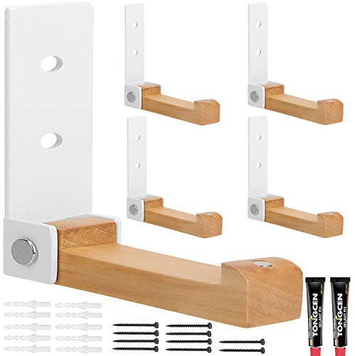 Folding Coat Hooks 5 Pcs Wooden Wall Hooks for Hanging Coat Heavy Duty Aluminum Alloy Adhesive Foldable Headphone Holder Coat Hooks Wall Mounted with 10 Screws for Hat, Towel, Bag (White)