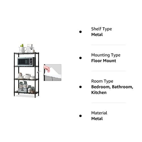 SsngygHme 4 Tier Storage Shelf Wire Shelving Unit Storage Rack Metal for Kitchen Organization, with Leveling Feet, Black (4 Tier)