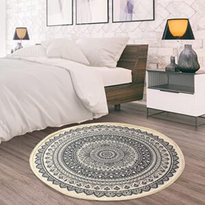 nd round rugs 3ft bedroom rug mandala bohemian vintage pattern round carpet circle area rug cotton hand woven table rug with tassels indoor living room kids room bathroom mat, black/blue