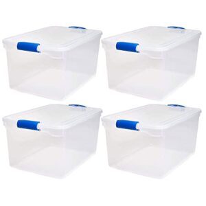 homz heavy duty modular stackable storage tote containers with latching lids, 66 quart capacity for home, garage, or office organization, clear 4 pack