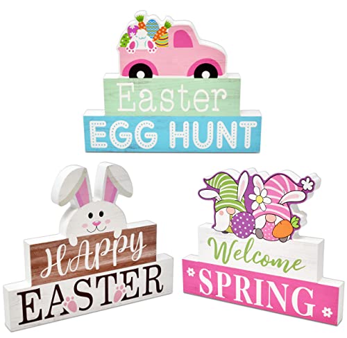 3 Easter Wooden Table Decorations Centerpieces Blocks Spring Bunny Truck Gnome Egg Hunt Tiered Tray & Table Top Sign Decor for Office Dining Room Mantle Home Wood Rustic Farmhouse Party Supplies