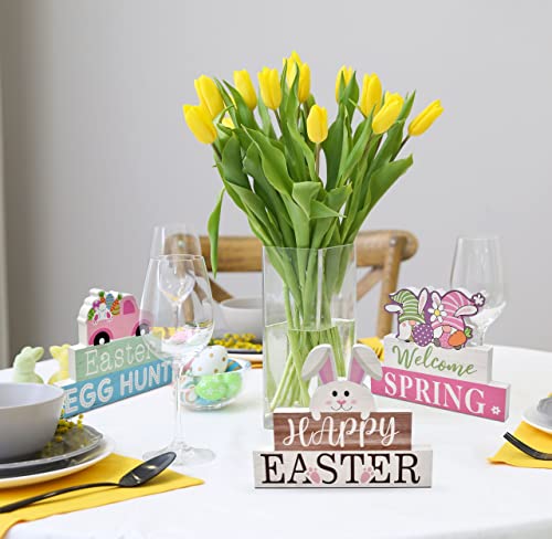 3 Easter Wooden Table Decorations Centerpieces Blocks Spring Bunny Truck Gnome Egg Hunt Tiered Tray & Table Top Sign Decor for Office Dining Room Mantle Home Wood Rustic Farmhouse Party Supplies