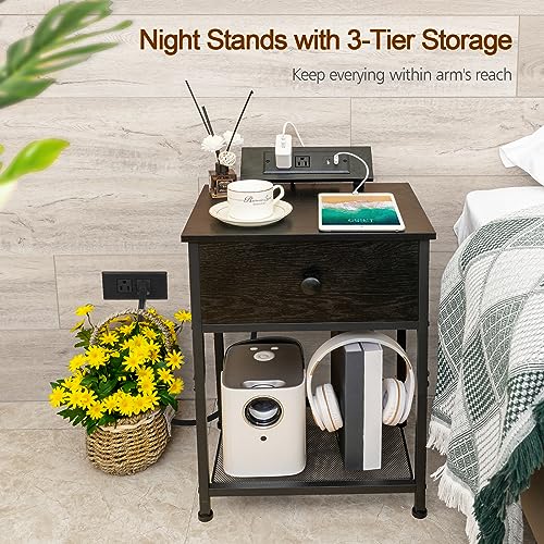 AMHANCIBLE Night Stand Set 2, Small Black Nightstand with Charging Station, End Side Tables Living Room with USB Ports & Outlets, Slim Bedside Table with Drawers for Bedroom HET03SDPBK